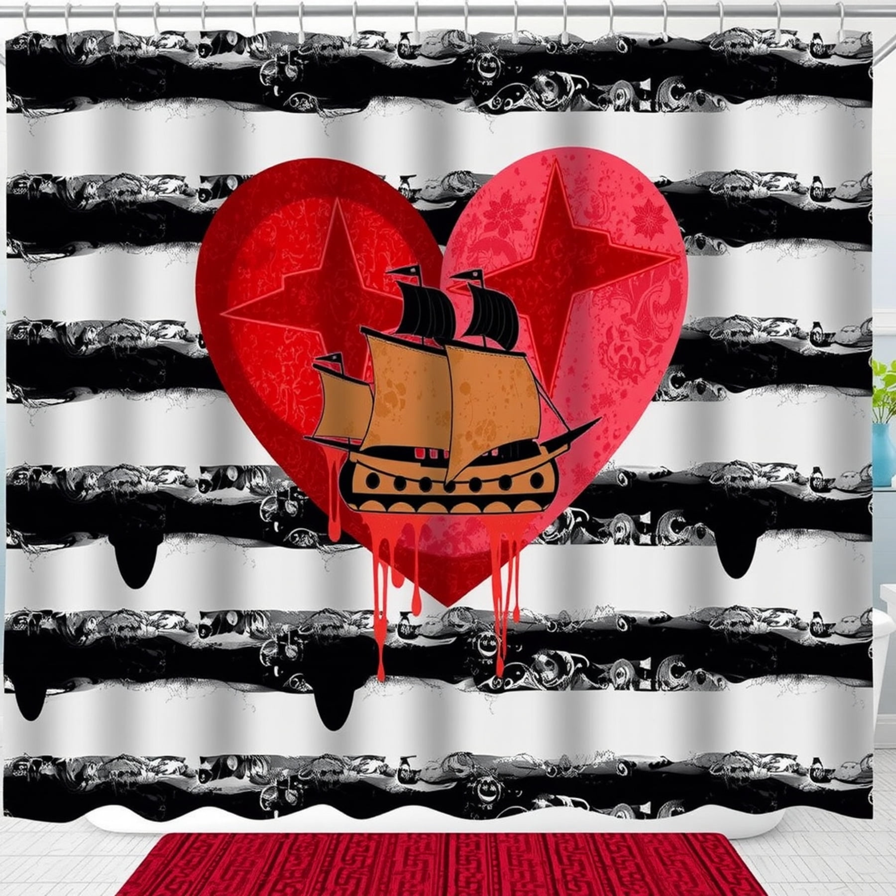 Edgy Graphic Novel Shower Curtain - Red Heart Dripping Blood & Ship ...