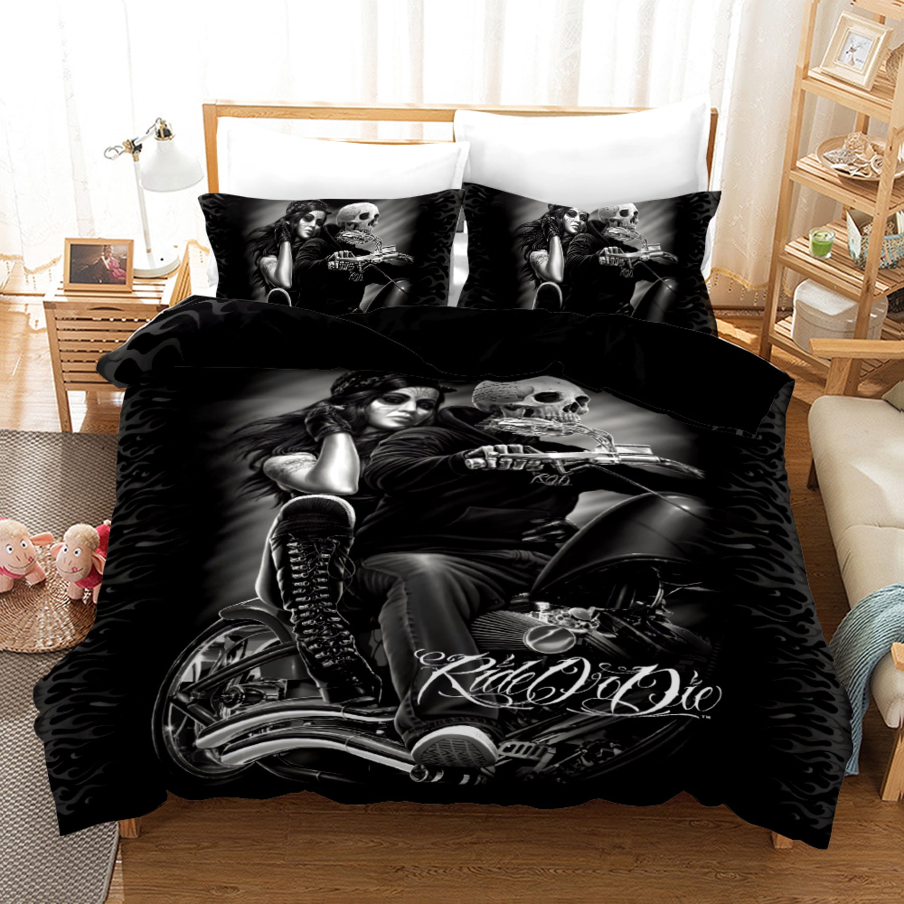 Edgy Monochrome Bedding Set with Woman & Skeleton on - "Ride or Die ...