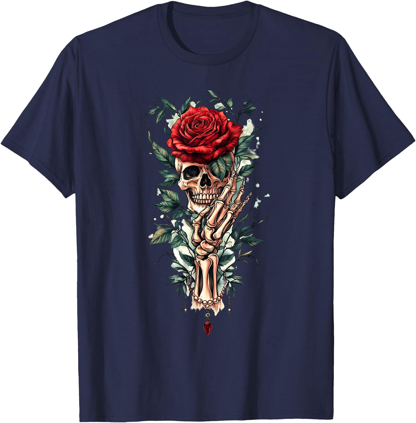 Edgy Skeleton Hand & Red Rose Skull Graphic T-Shirt for Unique Style ...