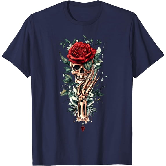 Edgy Skeleton Hand & Red Rose Skull Graphic T-Shirt for Unique Style ...