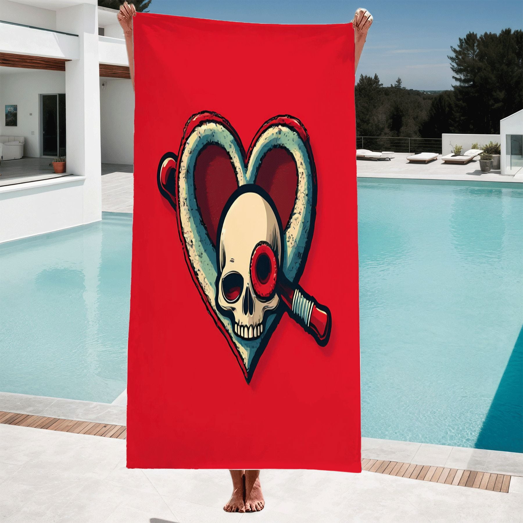 Edgy Skull Heart Design Beach Towel - Bold Red Background Stylish Skull ...