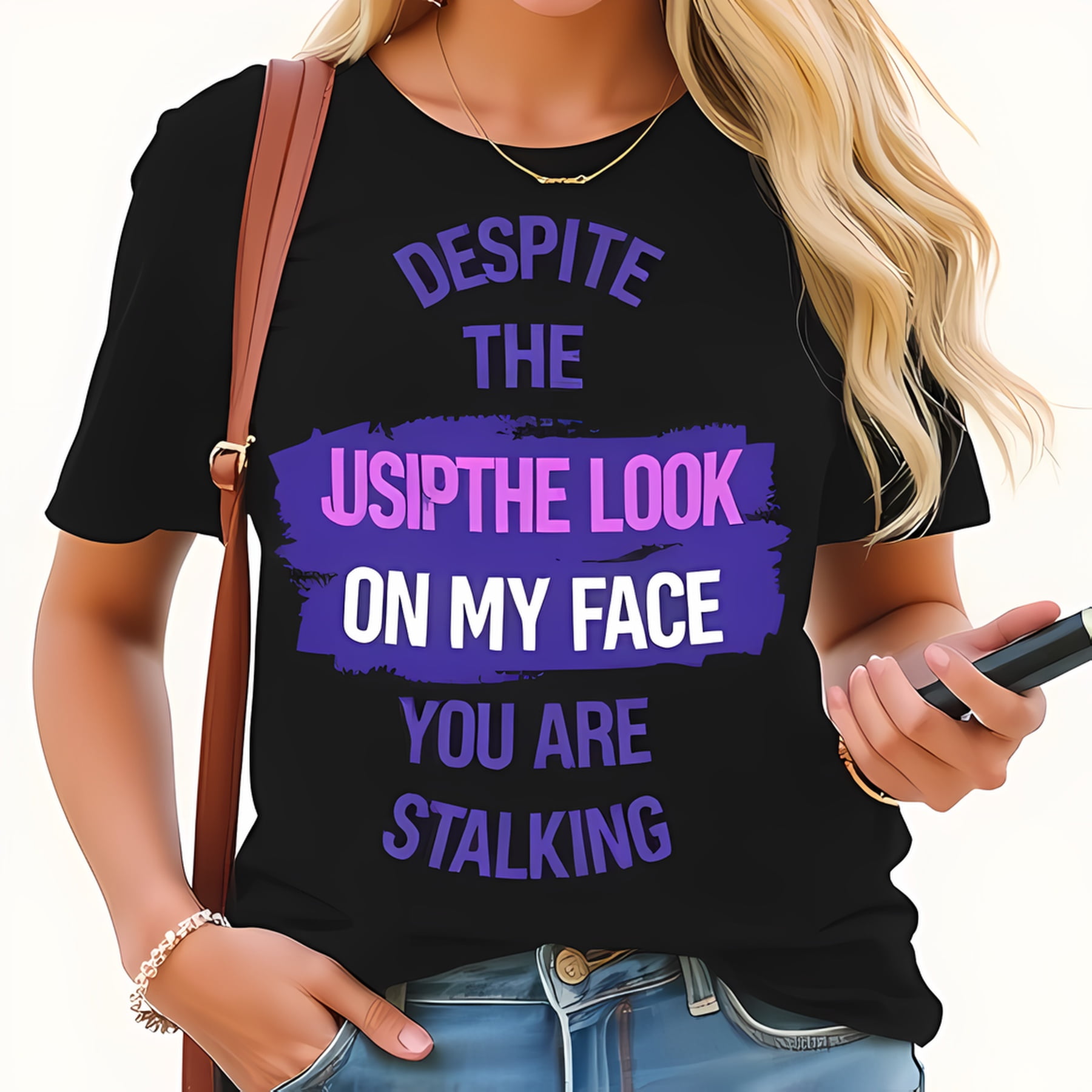 Edgy Women's Black T-Shirt with Humorous Graphic: "Despite the 'Jusp ...