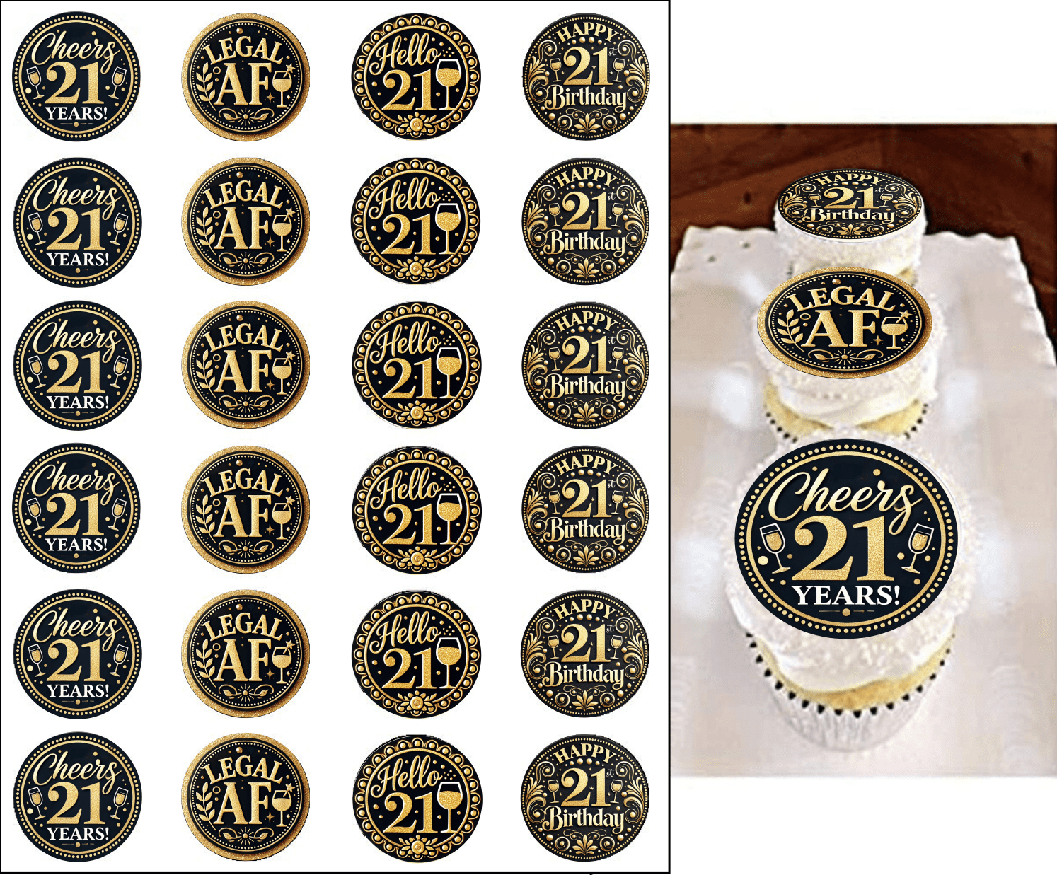 Edible 21st Birthday Cupcake Toppers, 24 Count Black & Gold - Walmart.com