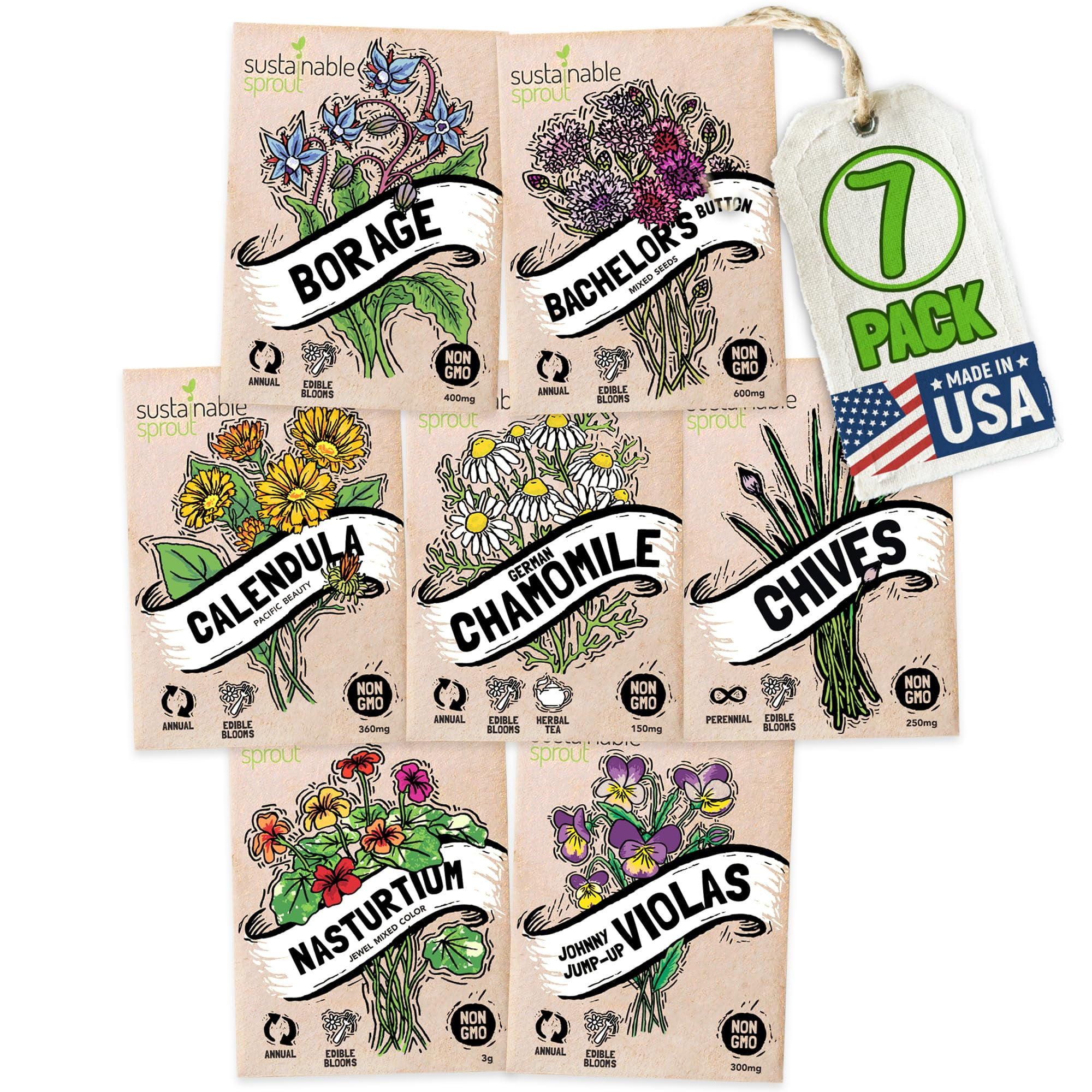 Edible Flower Seeds TWE5 for Planting: 7 Variety Packets: Chamomile ...