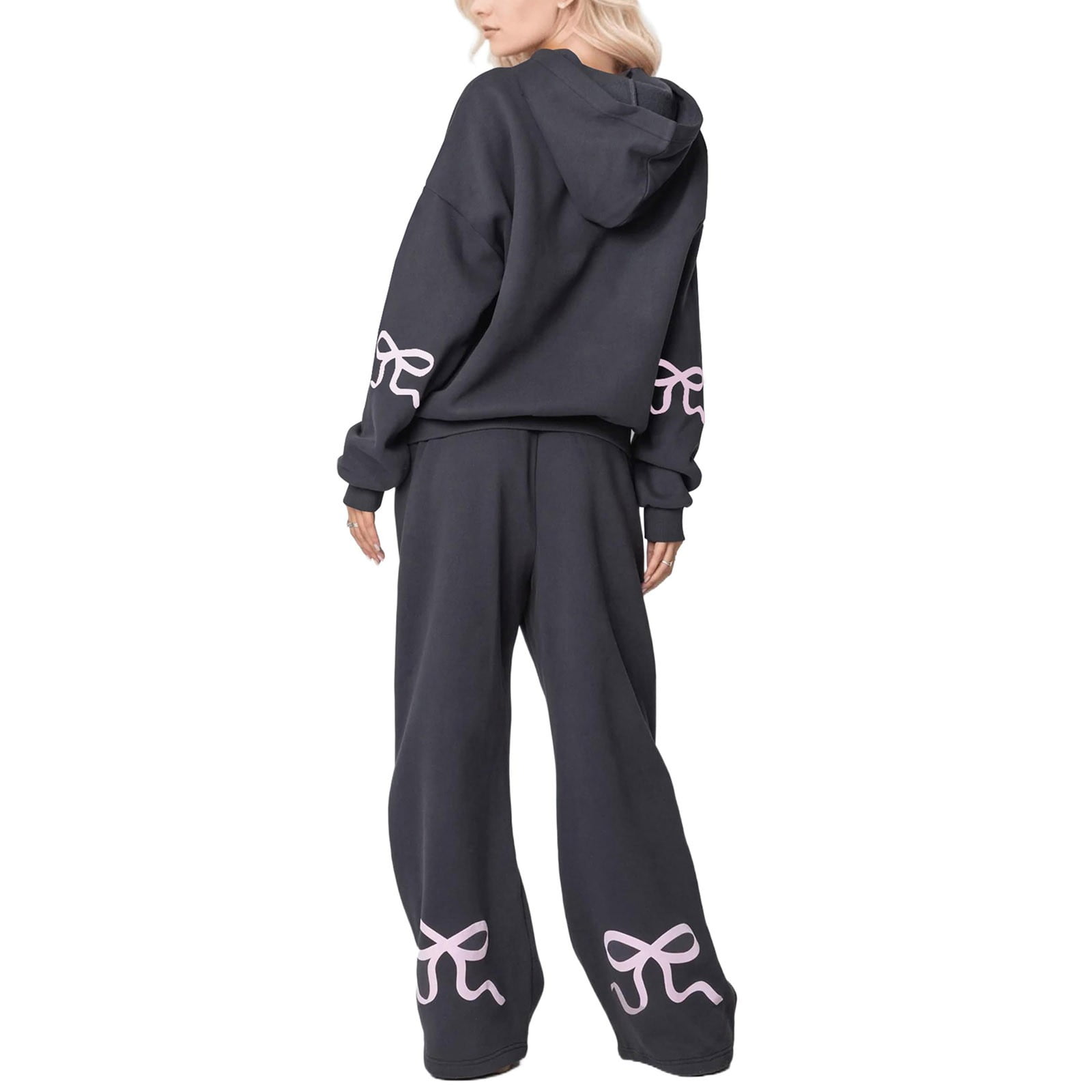 Edik_ted Women's 2 Piece Outfits Bow Trim Print Hoodie Sweatsuit Sets ...