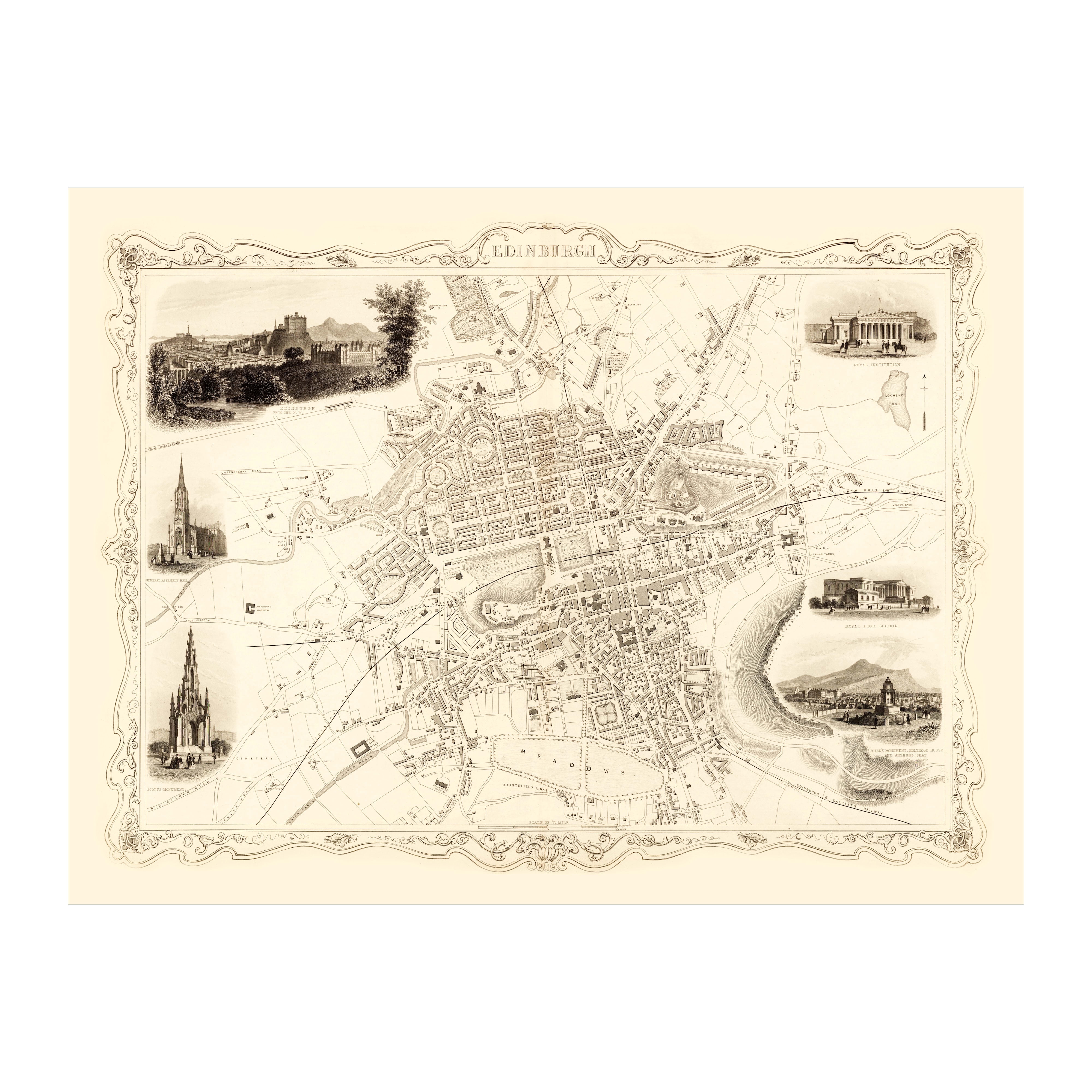 Edinburgh Art, 1851 Vintage Map of Edinburgh Scotland History Wall ...