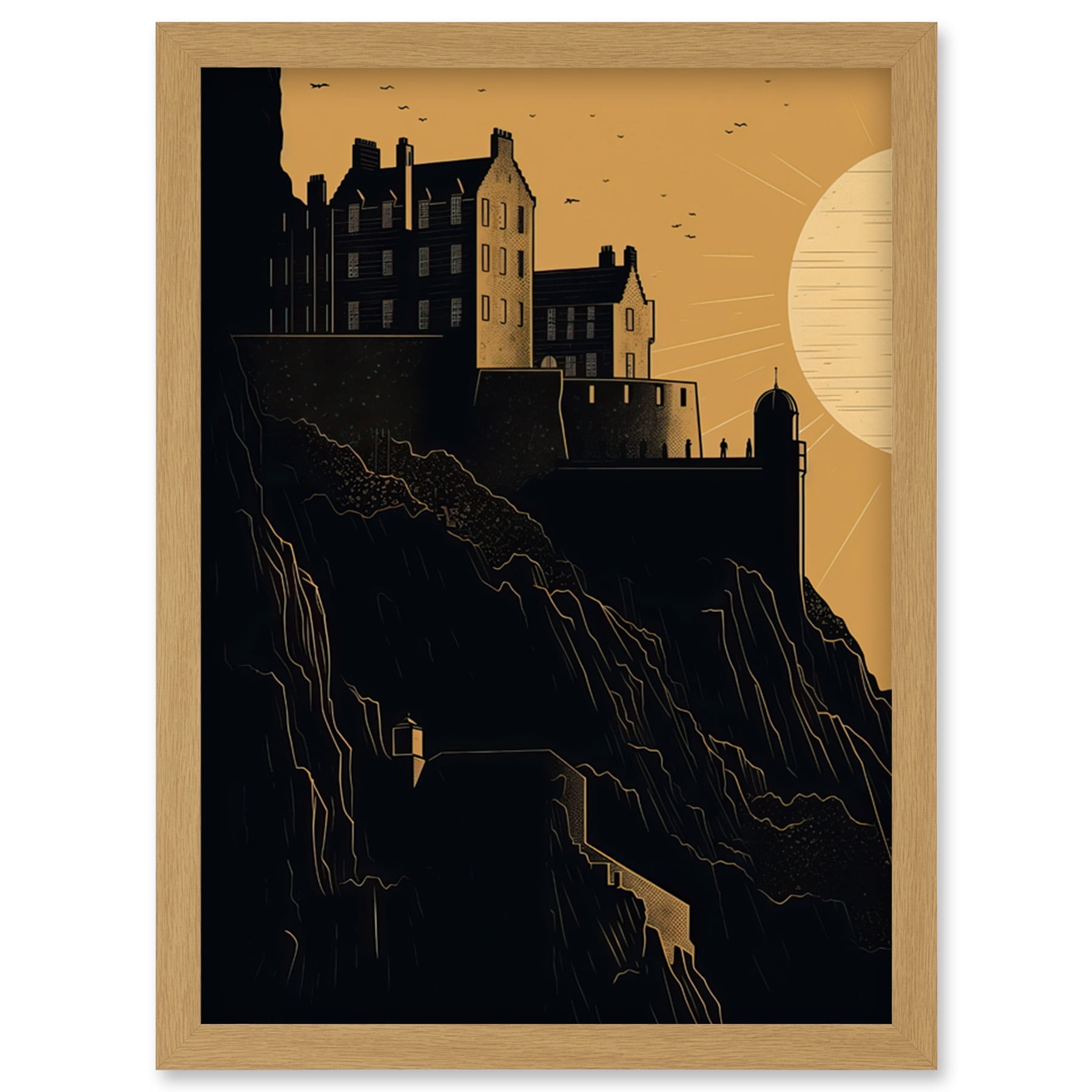 Edinburgh Castle at Sunset Linocut Illustration Artwork Framed Wall Art ...