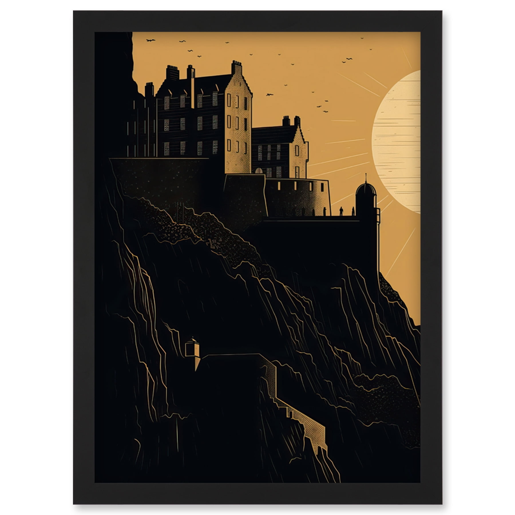 Edinburgh Castle at Sunset Linocut Illustration Artwork Framed Wall Art ...