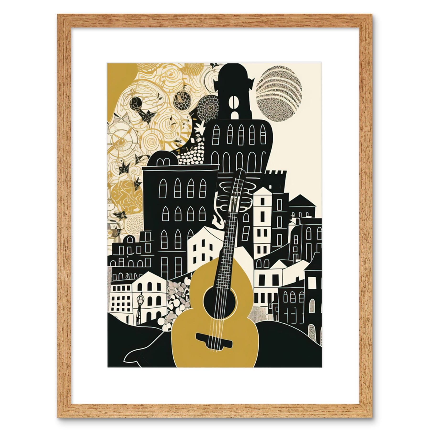 Edinburgh Cityscape Fringe Festival Guitar Linocut Artwork Framed Wall ...