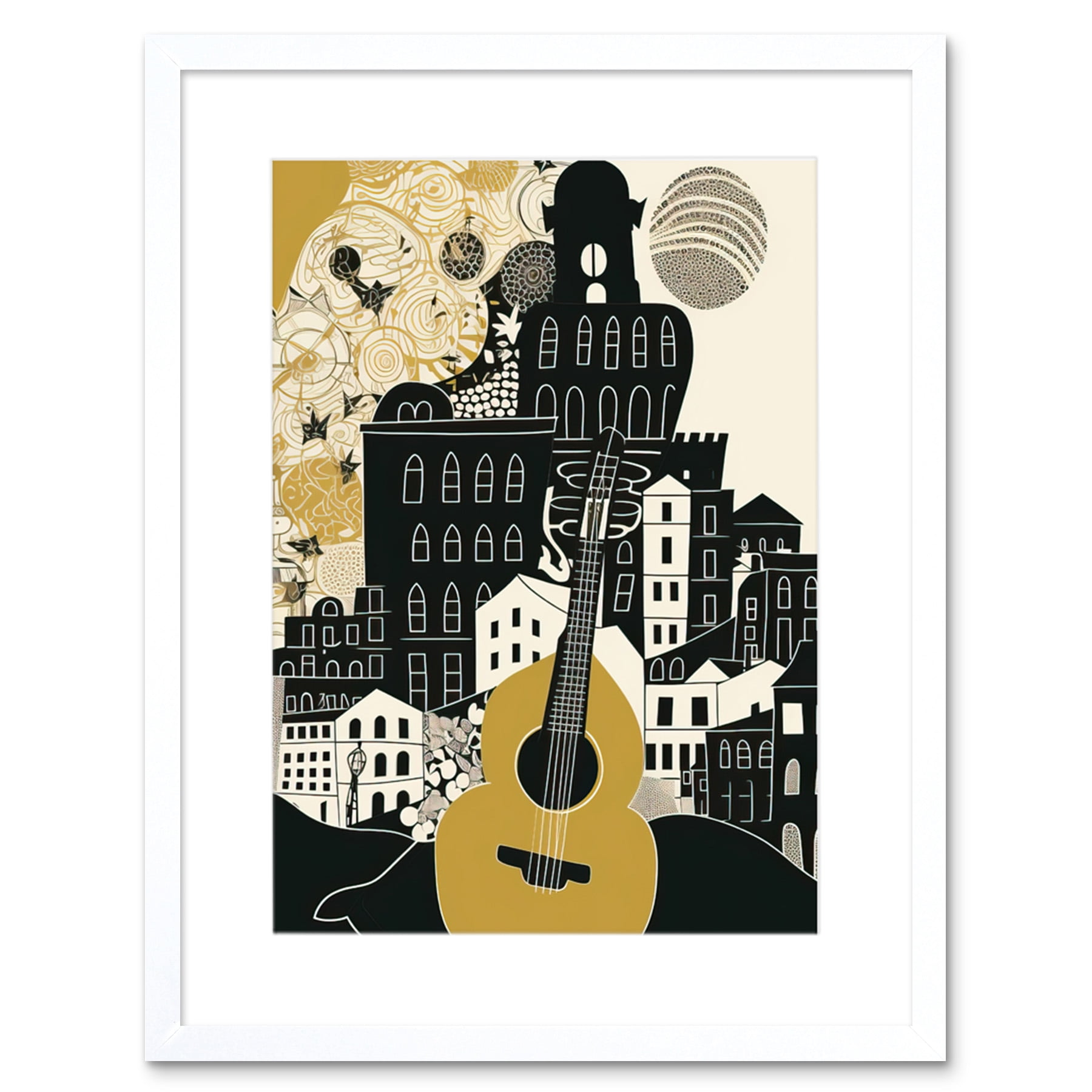 Edinburgh Cityscape Fringe Festival Guitar Linocut Artwork Framed Wall ...