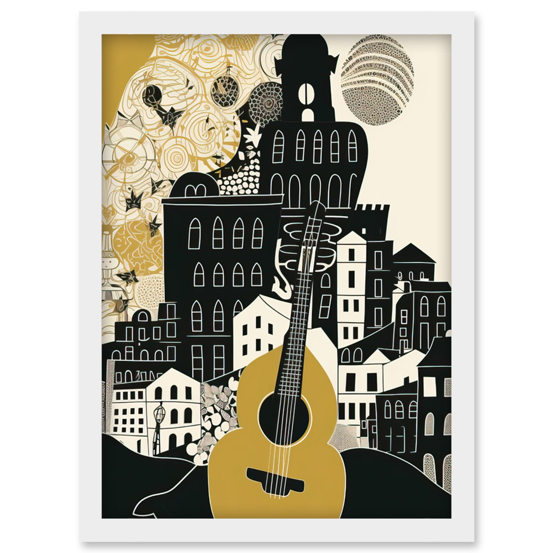 Edinburgh Cityscape Fringe Festival Guitar Linocut Artwork Framed Wall Art Print A4 - Walmart.com