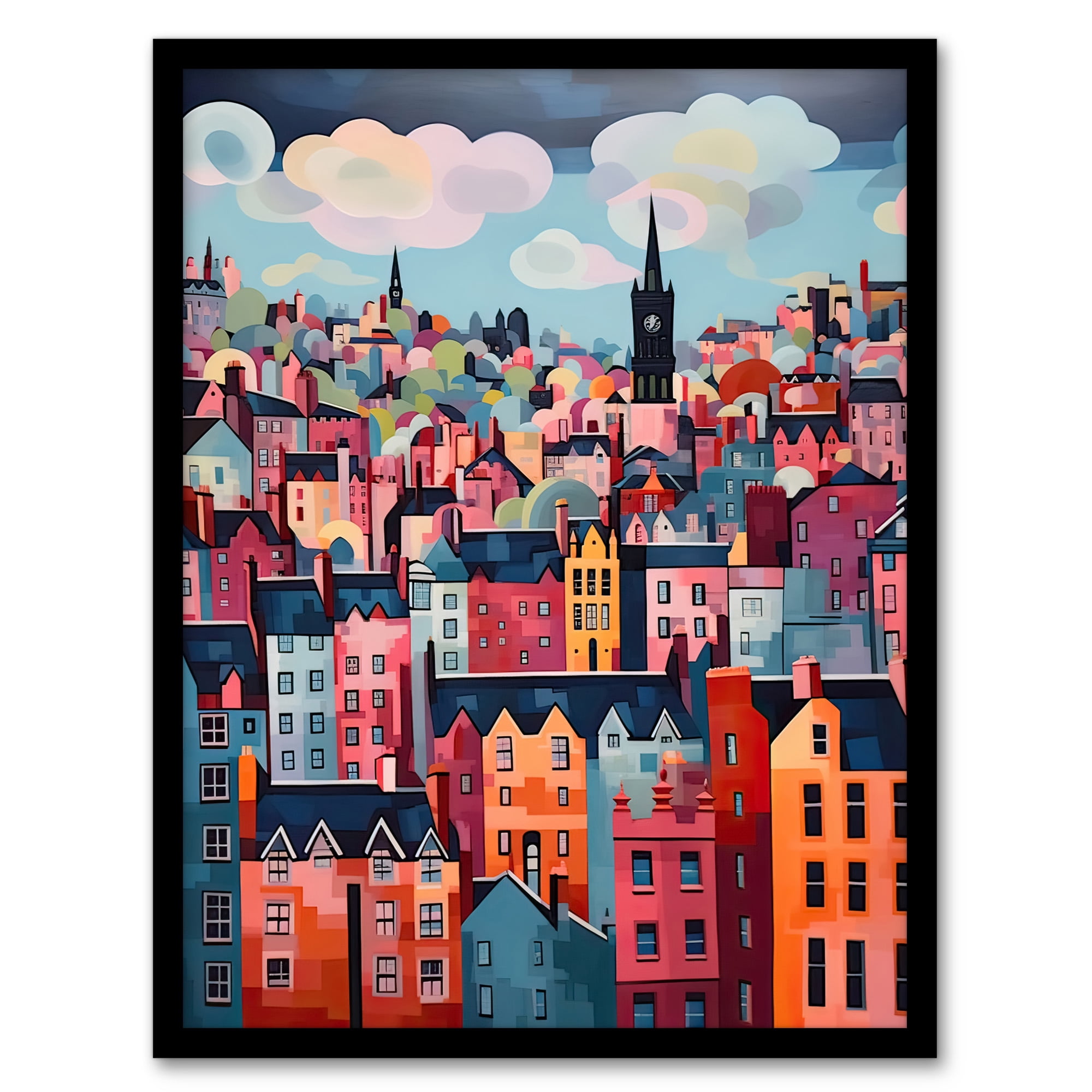 Edinburgh Cityscape Stylised Oil Painting Pink Blue Cloudy Scottish ...