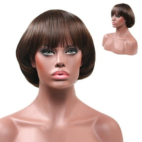XIAQUJ Fashion Synthetic Mushroom Head BOB Brown Black Hair Wig Natural ...