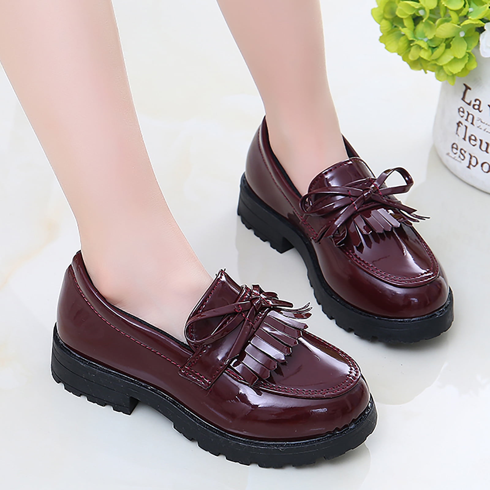 Ediodpoh Girls on Leather Loafer Tassel Bow Flats School Dress Shoes ...