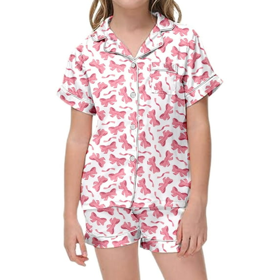 Ediodpoh Holiday Pajamas Kids Bow Print Silk Satin Valentines Day Two ...