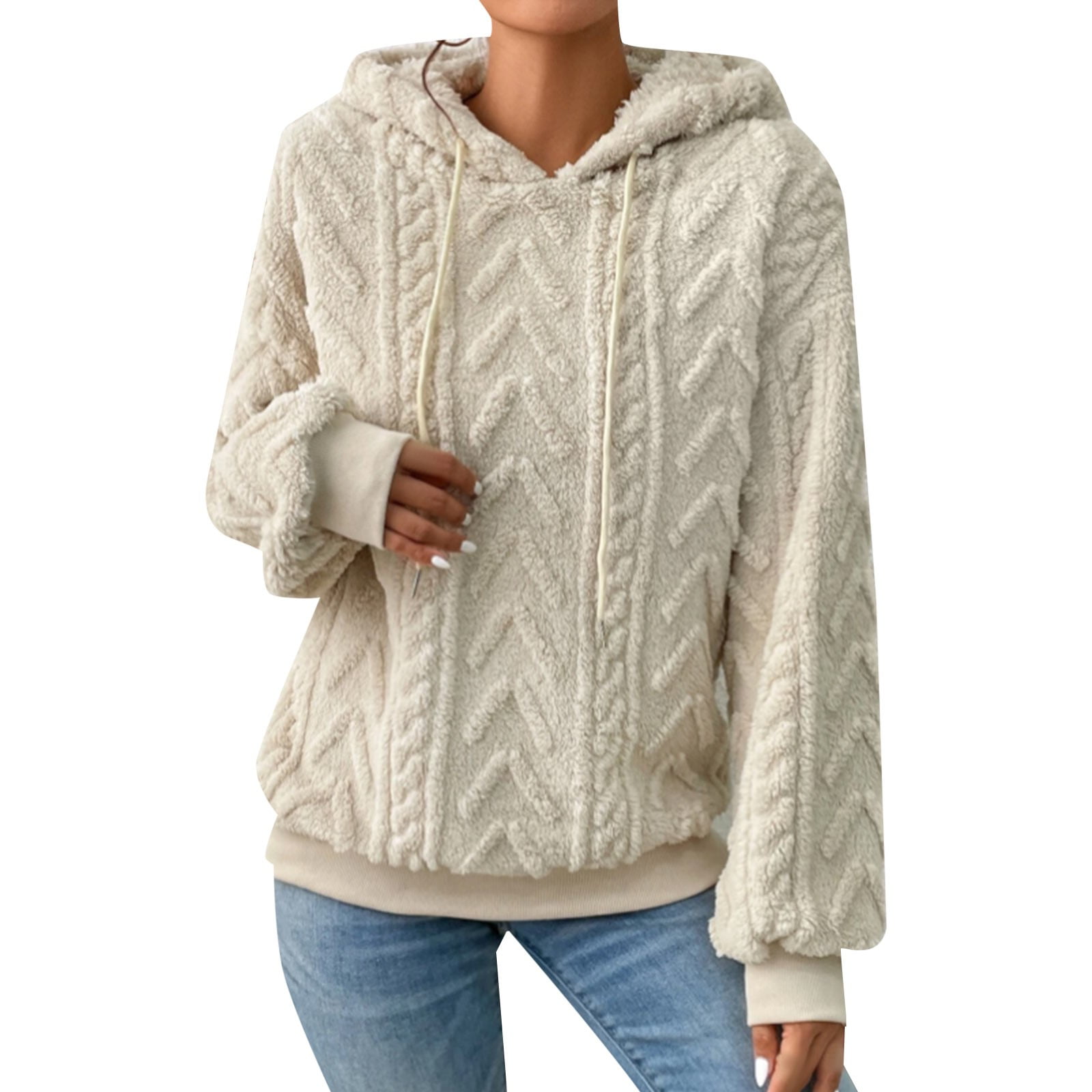 Ediodpoh Ladies Drop Shoulder Drawstring Hooded Teddy Long Sleeve ...