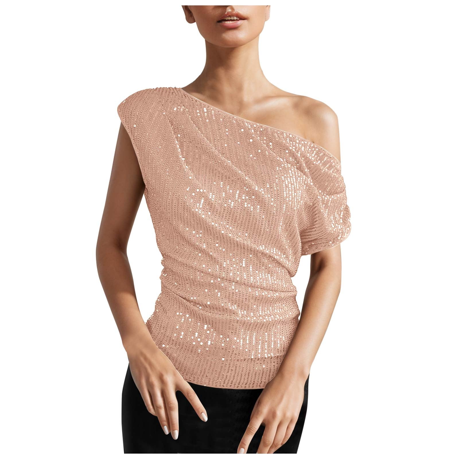 Ediodpoh One Shoulder Sequin Sparkly Tops For Women Ruched Asymmetrical