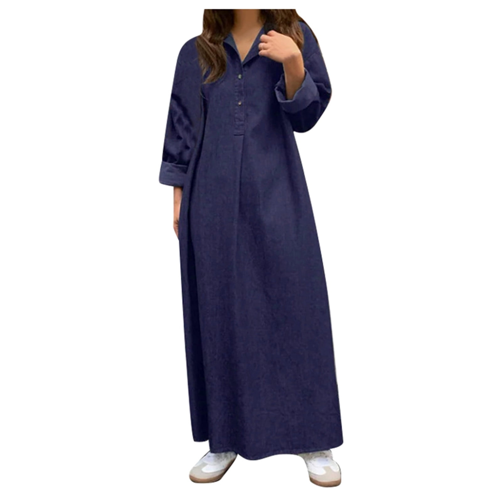Ediodpoh Spring Denim Solid Color Bohemian Maxi Dress Casual Plus Size