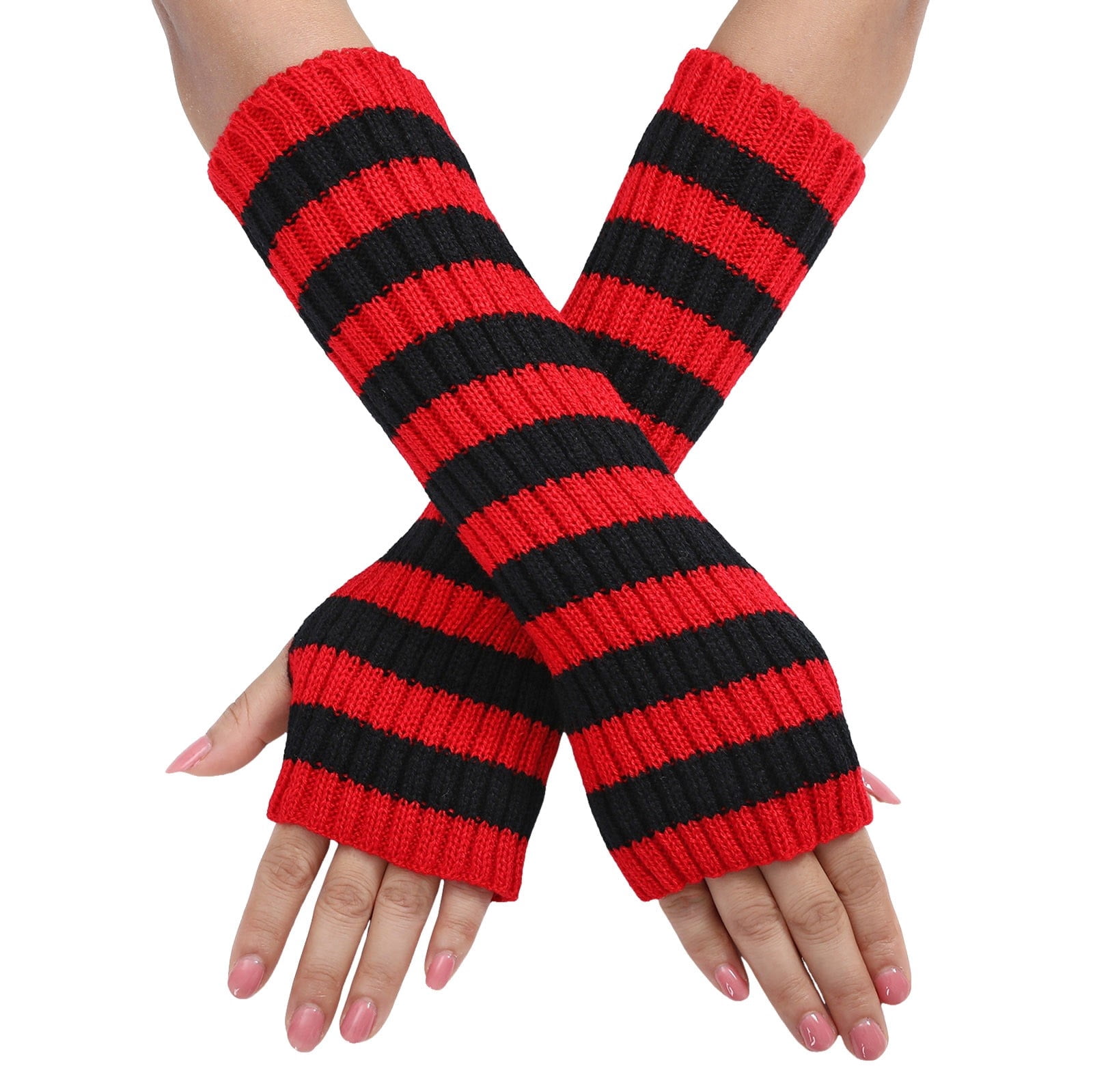 Ediodpoh Women Long Stripe Knit Fingerless Gloves for Autumn Winter Arm ...