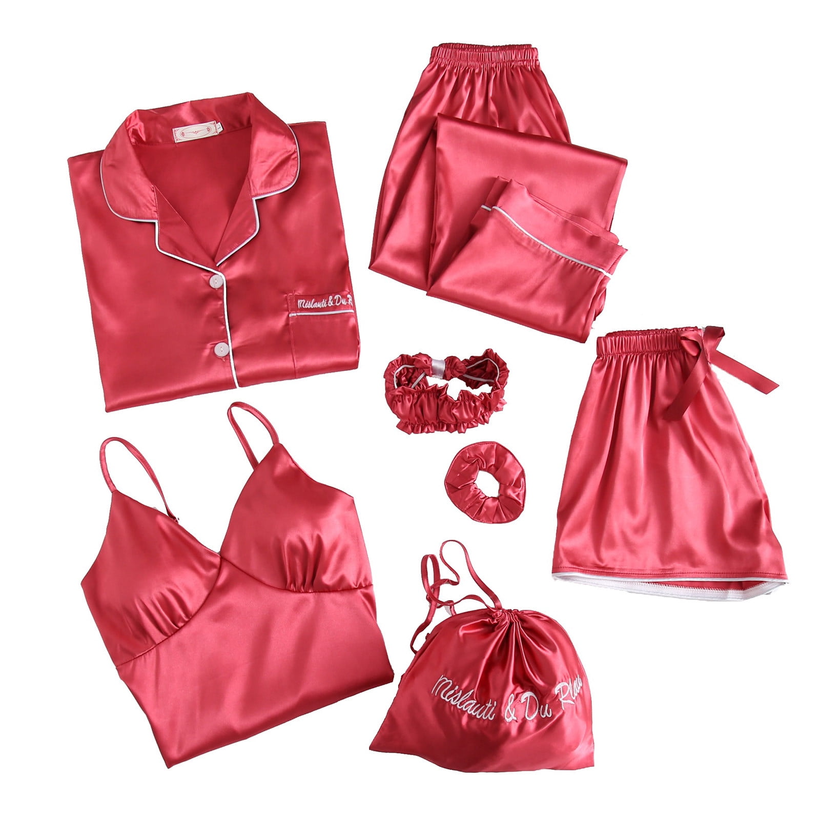 Ediodpoh Women Seven Piece Set Long Sleeve Shorts Suspenders Solid
