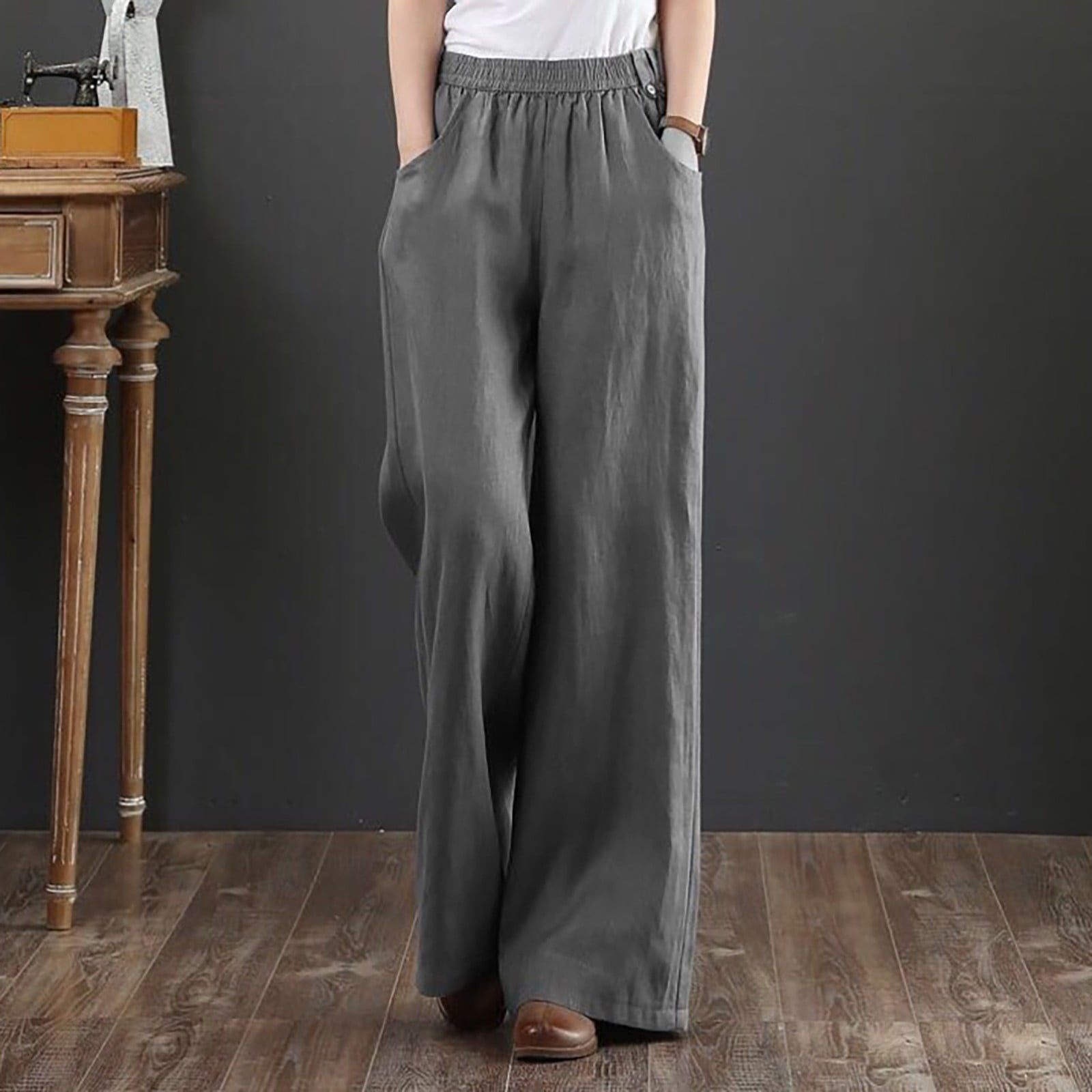 Ediodpoh Women Solid Casual Button Pant Pocket Wide Leg Pants Elastic ...