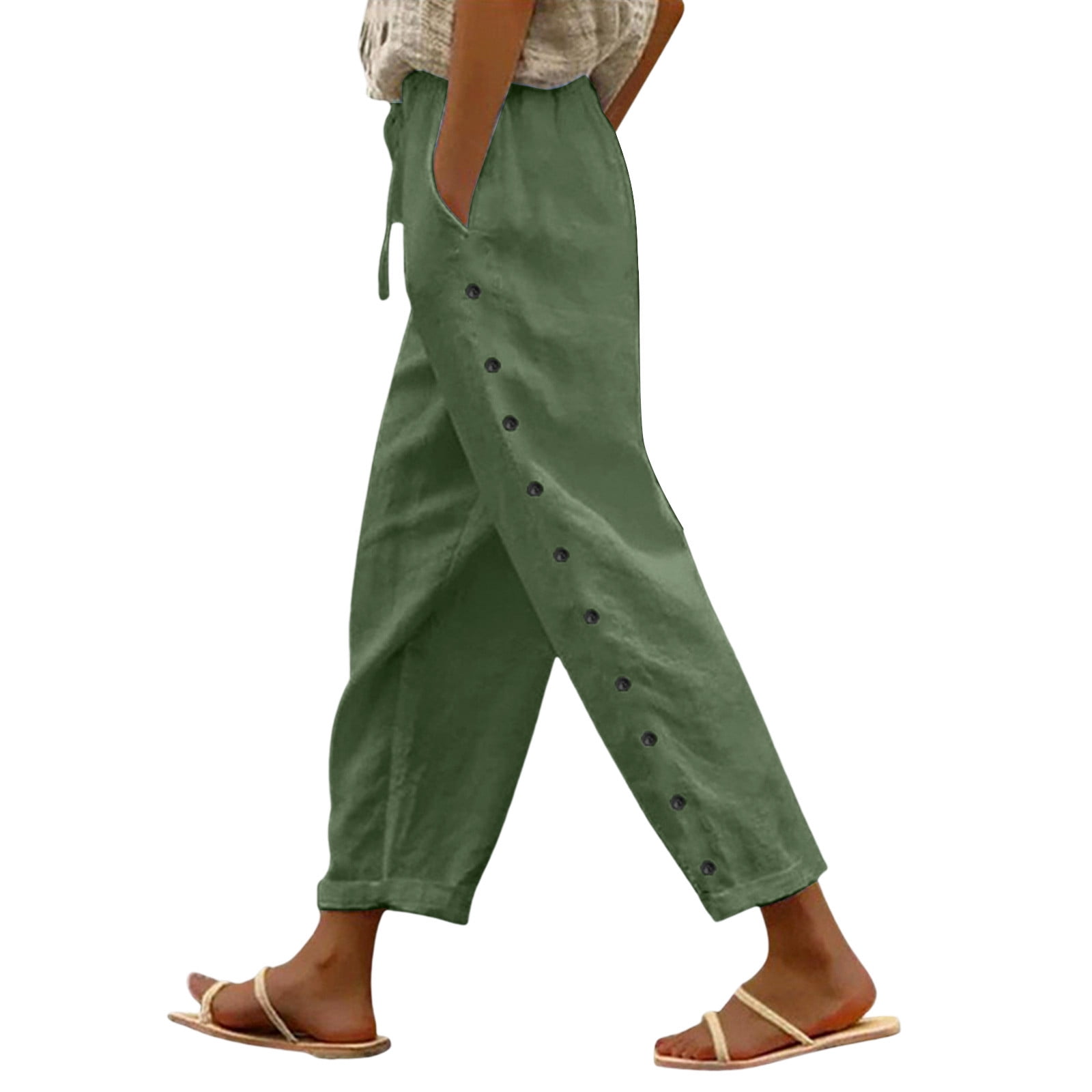 Ediodpoh Women Solid Color Elastic Waist Loose Side Button Decoration ...