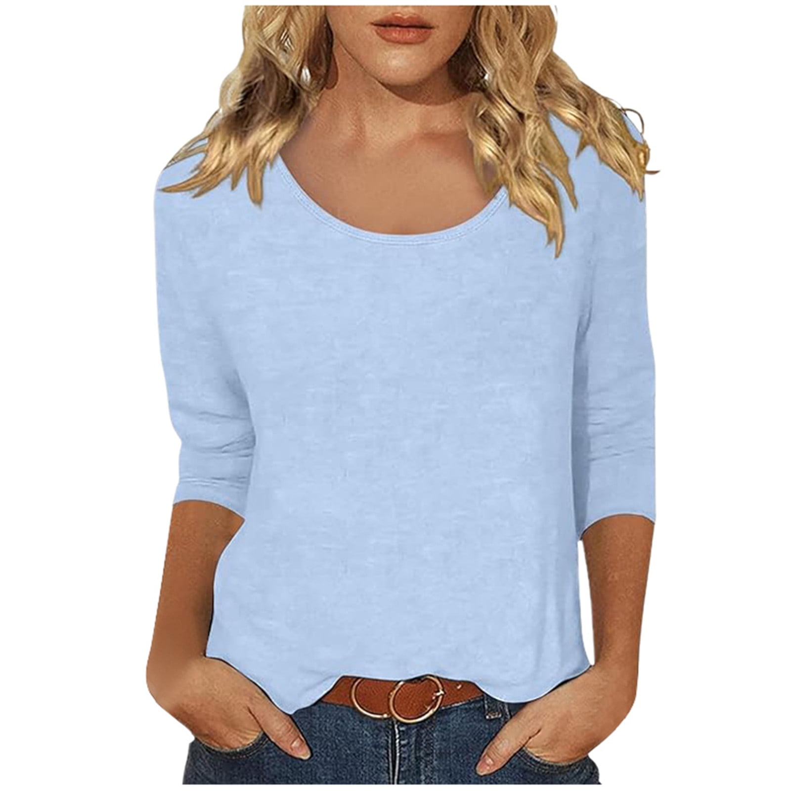 Ediodpoh Women's Casual Solid Color Print Scoop Neck Low Cut 3/4 Sleeve ...