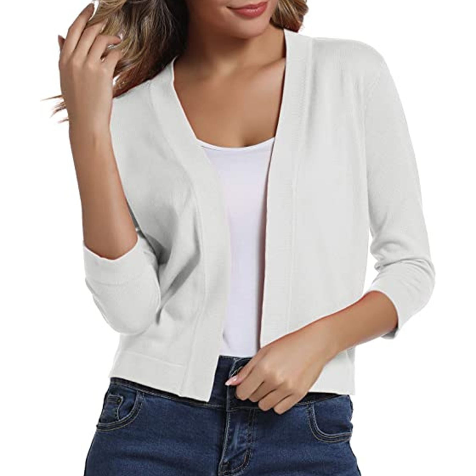 Ediodpoh Womens Classic 3 4 Sleeve Open Front Cropped Cardigan Sweater