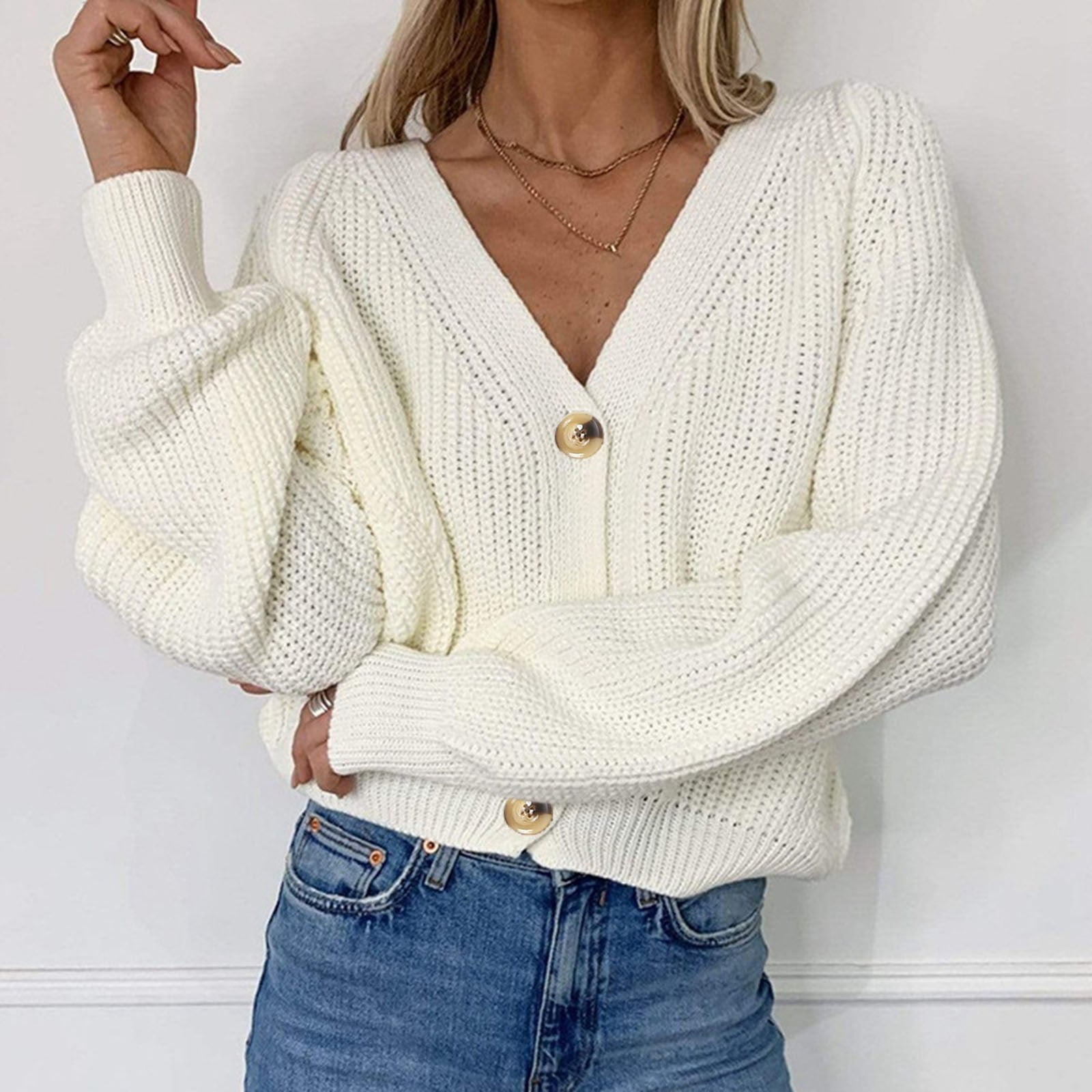 Ediodpoh Women's Long Sleeve Knit Sweater Open Front Cardigan Button ...