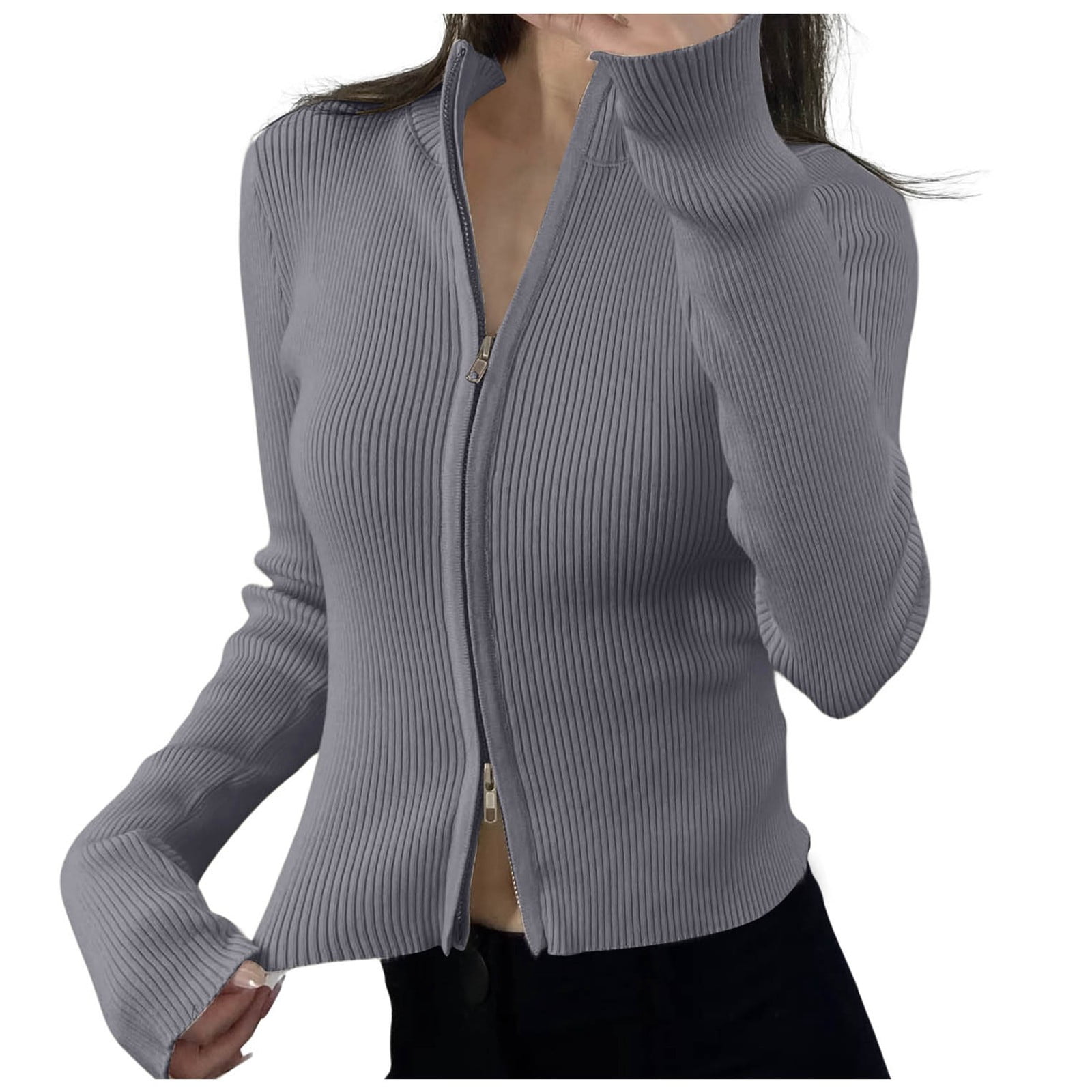 Ediodpoh Women's Stand up Collar Striped Double Zip Sweater Sweater ...