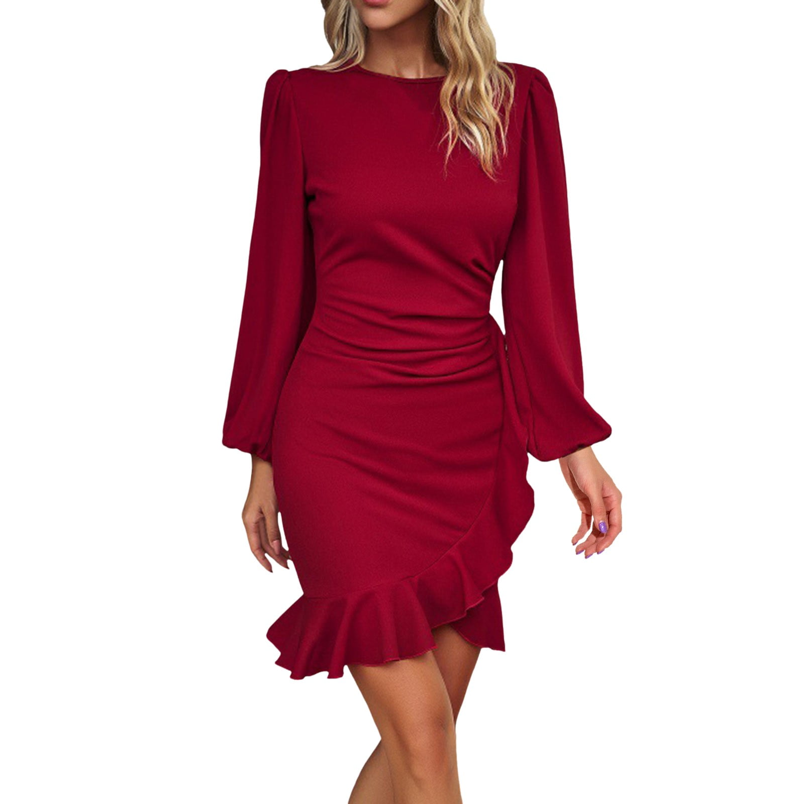 Ediodpoh Womens Long Puff Sleeve Bodycon Dress Solid Ruffled Hem Party ...