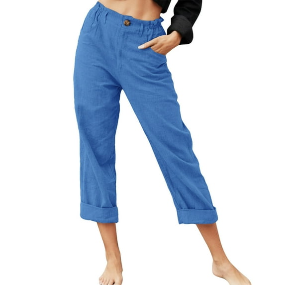 Ediodpoh Womens Pants Casual Solid Color Pockets Zipper Elastic Button ...