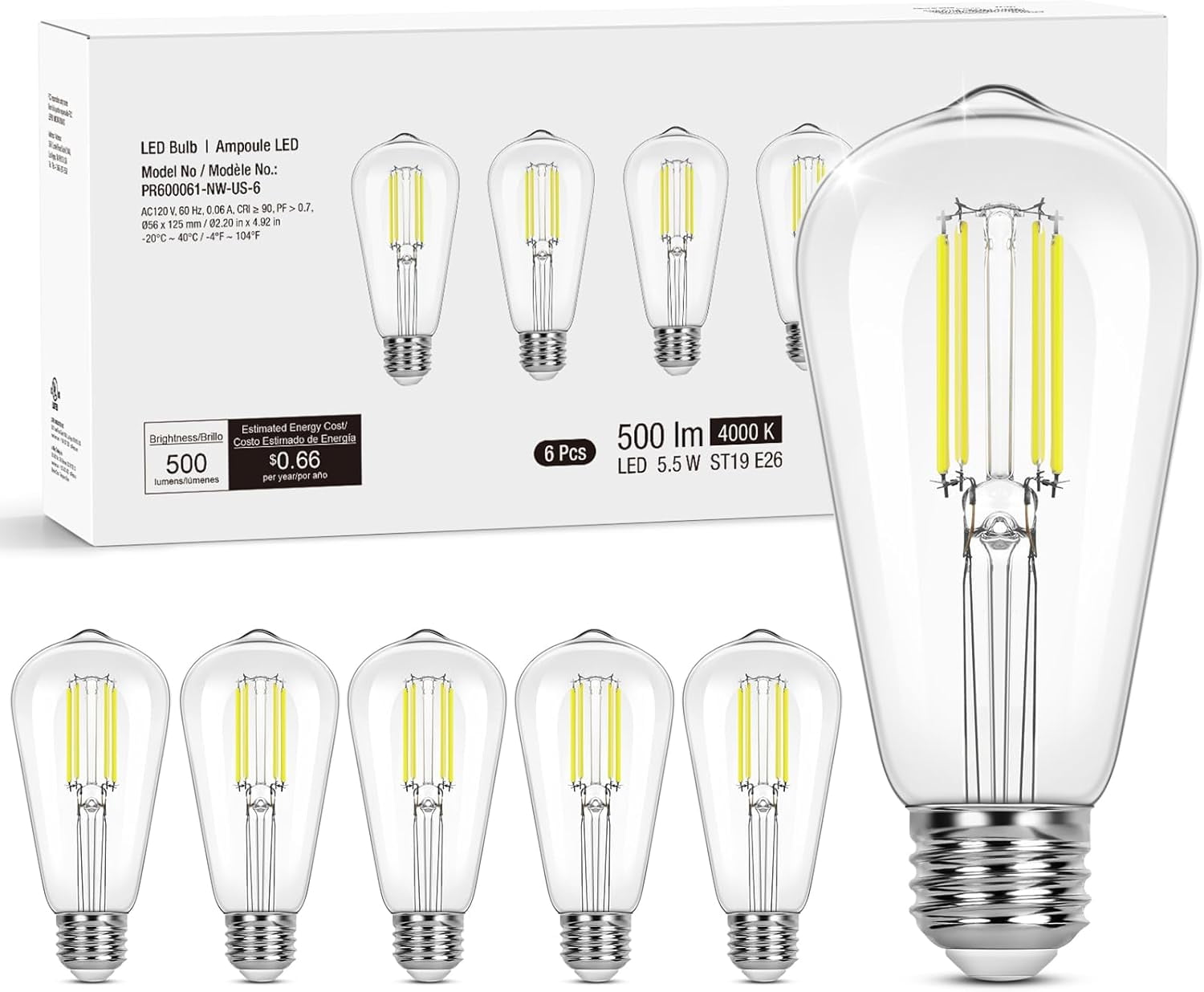 Edison Dimmable LED Light Bulbs 60 Watt Equivt, 4000K Netural White E26 ...