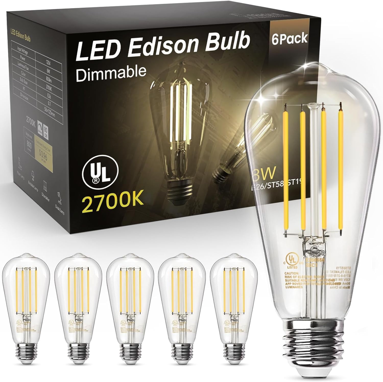 Edison Light Bulbs 60W Equivalent, Dimmable Vinta LED Bulbs, E26 Medium ...