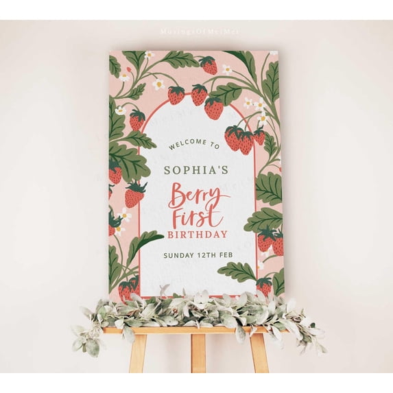 Editable Berry First Birthday Welcome Sign Template Strawberry 1St ...