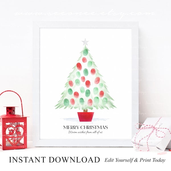 Editable Christmas Tree Thumbprint Guest Book Poster, Holiday Gift ...