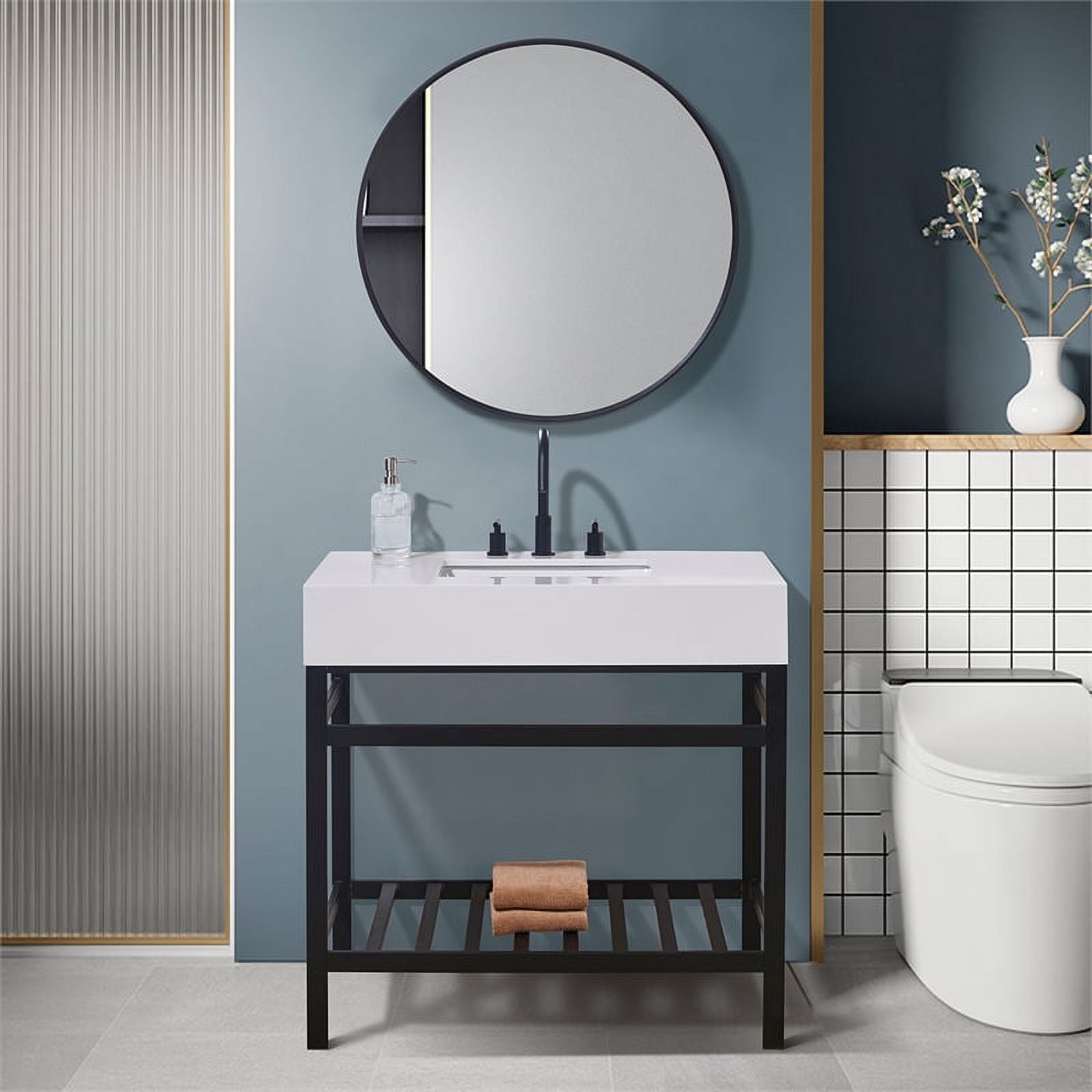 Edolo 36" Single Stainless Steel Vanity Console in Matt Black with Snow ...
