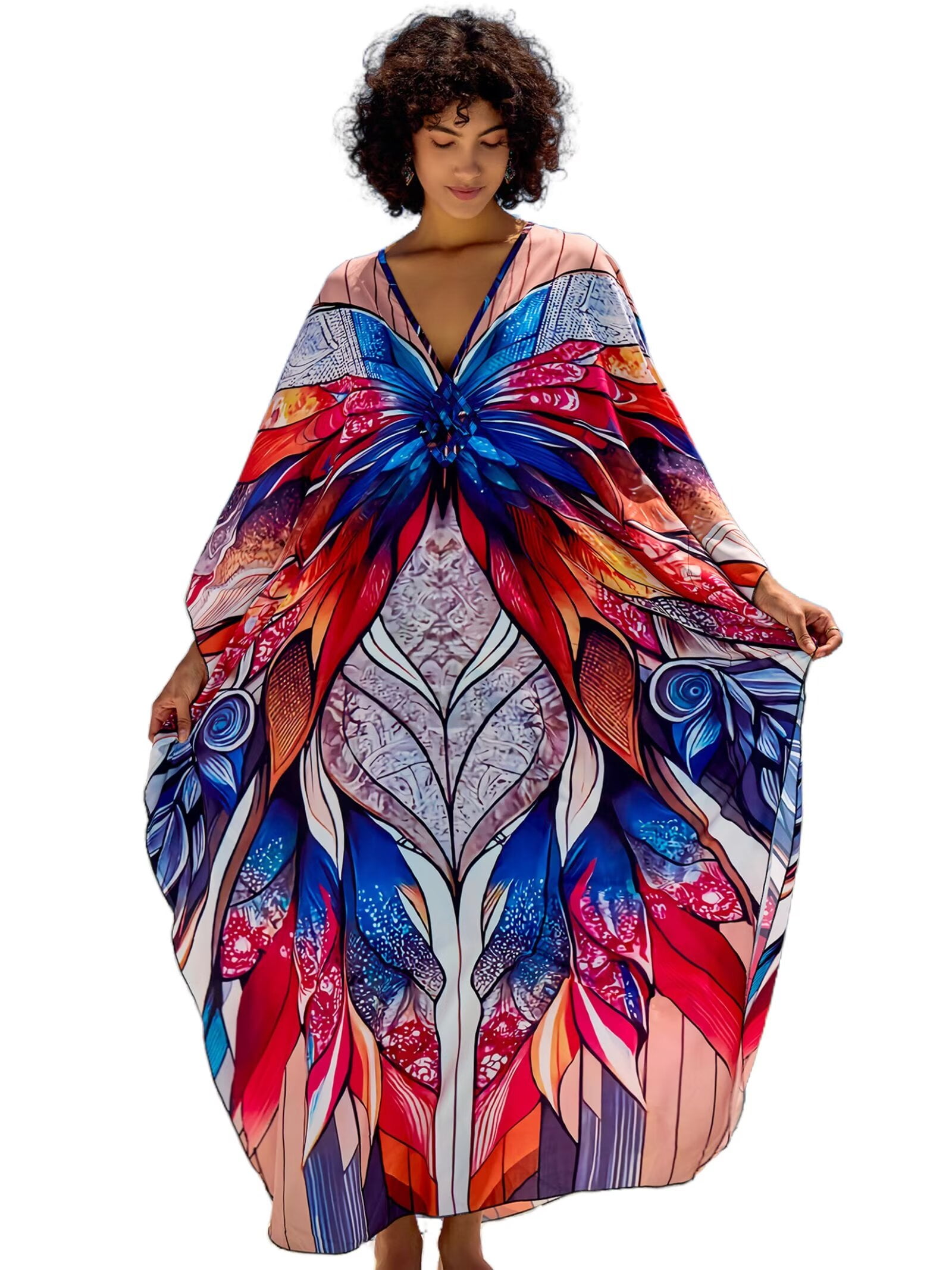 Edolynsa Animal Print Beach Kaftan Dress for Women Batwing Sleeve ...