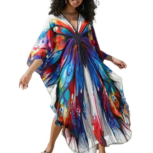 Edolynsa Caftans for Women Loungewear Plus Size Kaftan Dresses Butterfly Printed Maxi Beach ...