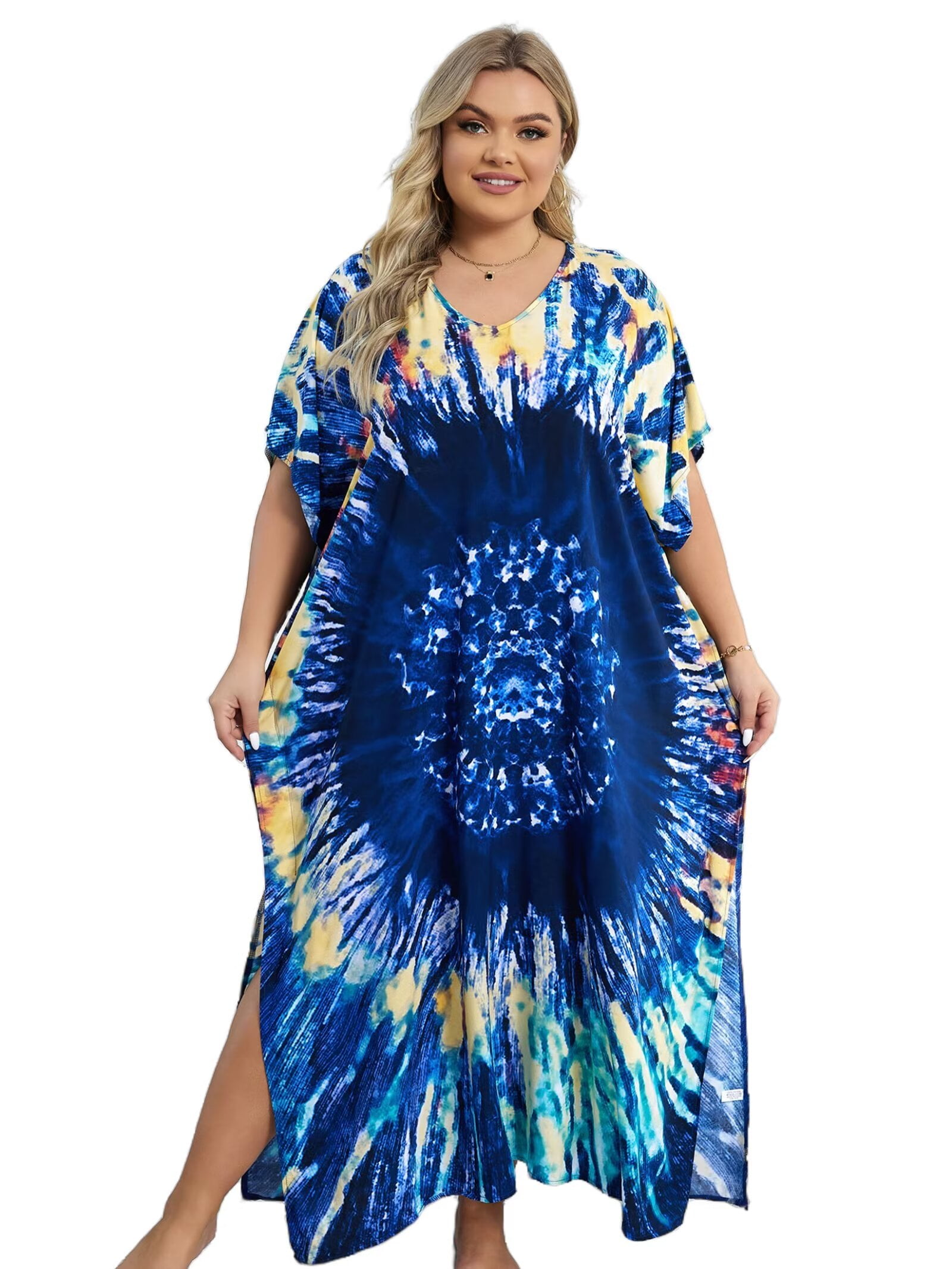 Edolynsa Kaftan Dresses for Women Wave Neck Swimsuit Cover Up Caftan Dress Plus Size Oversized ...