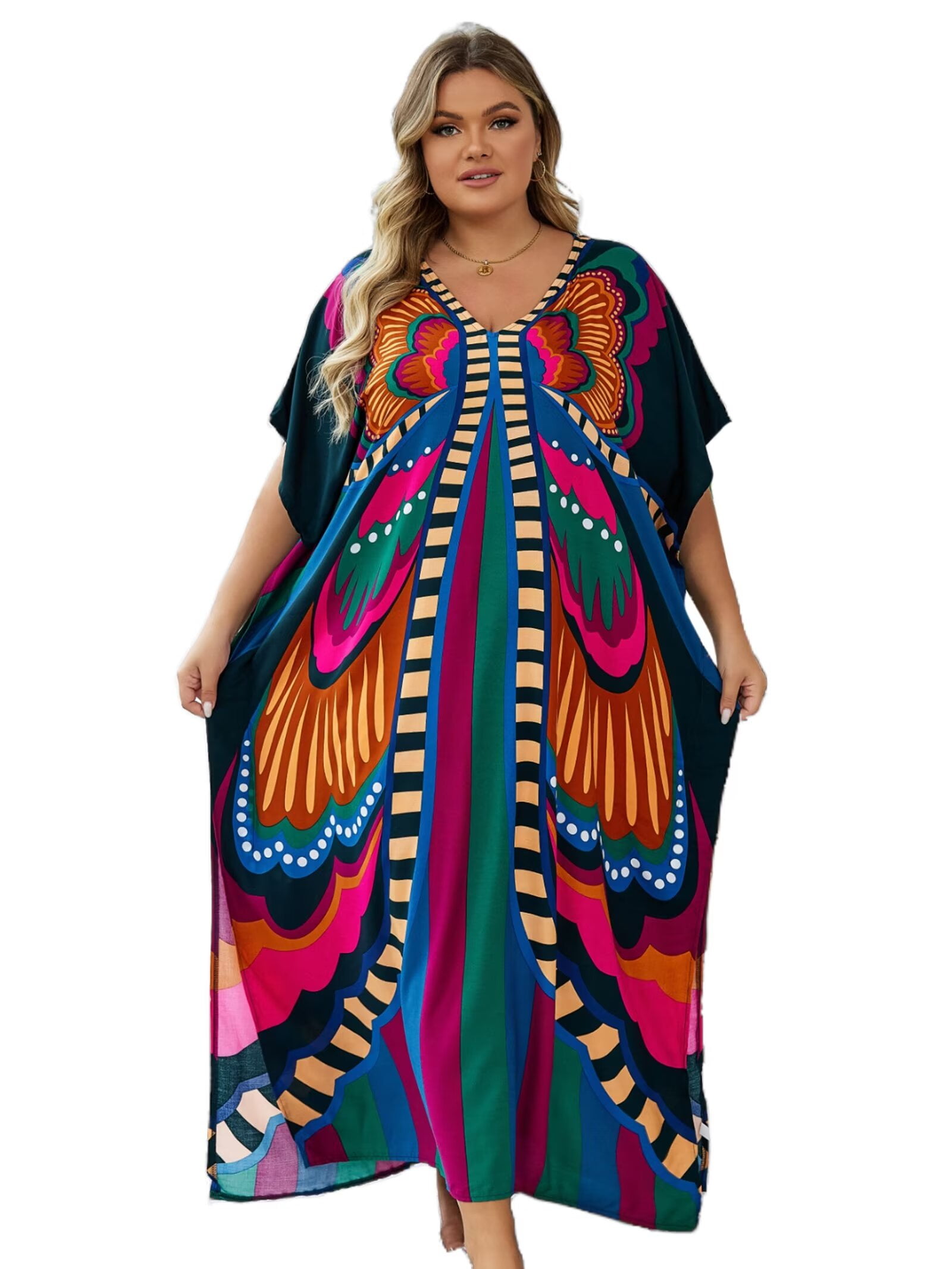 Edolynsa Plus Size Kaftan Dresses for Women Maxi Beach Dress Bathing Suit Cover up Lightweight ...