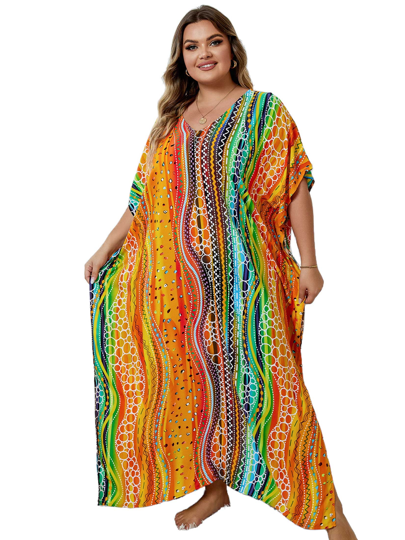 Edolynsa Plus Size Kaftan Dresses for Women Maxi Beach Dress Bathing Suit Cover up Lightweight ...