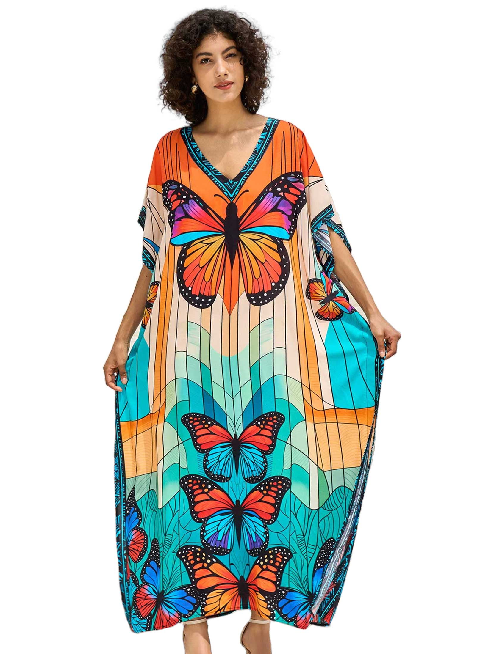 Edolynsa Women Print Kaftan Cover up Casual Summer Dress Plus Size ...