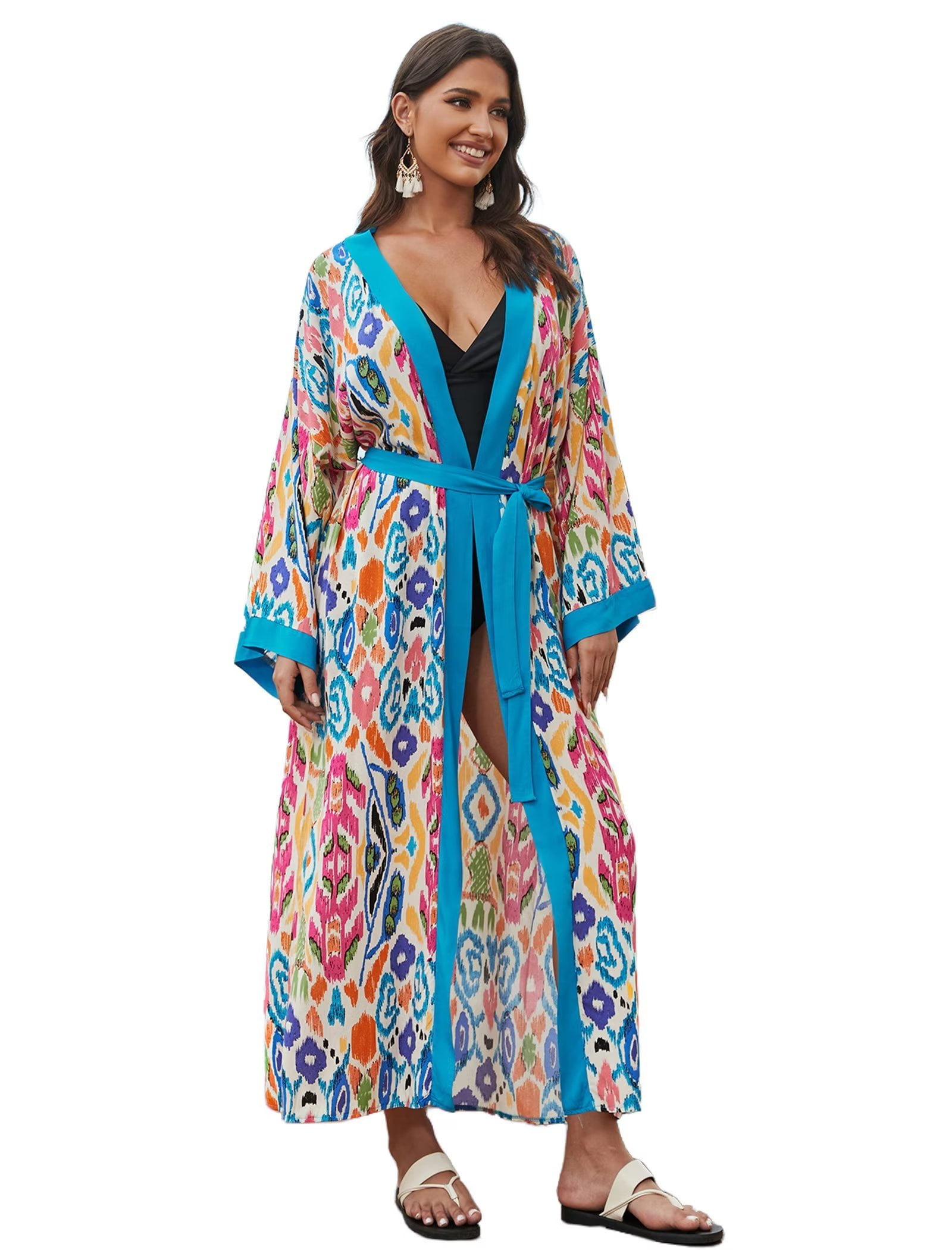 Edolynsa Women's Printed Beach Kimono Cardigan Plus Size Bathing Suit ...