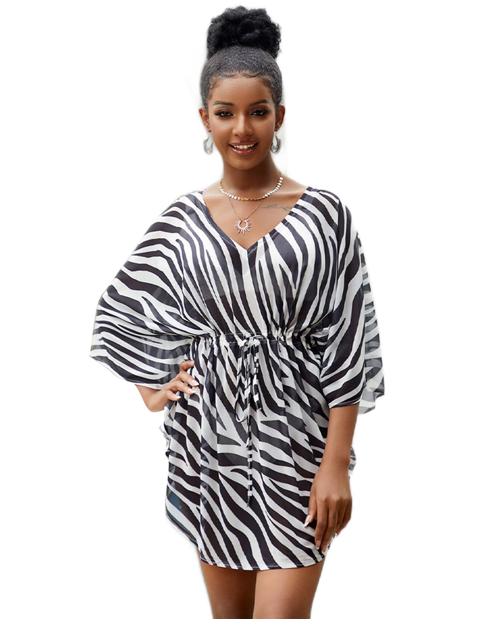 Edolynsa Women's Zebra Print Kaftan Dress Butterfly Sleeve Mini Sun ...