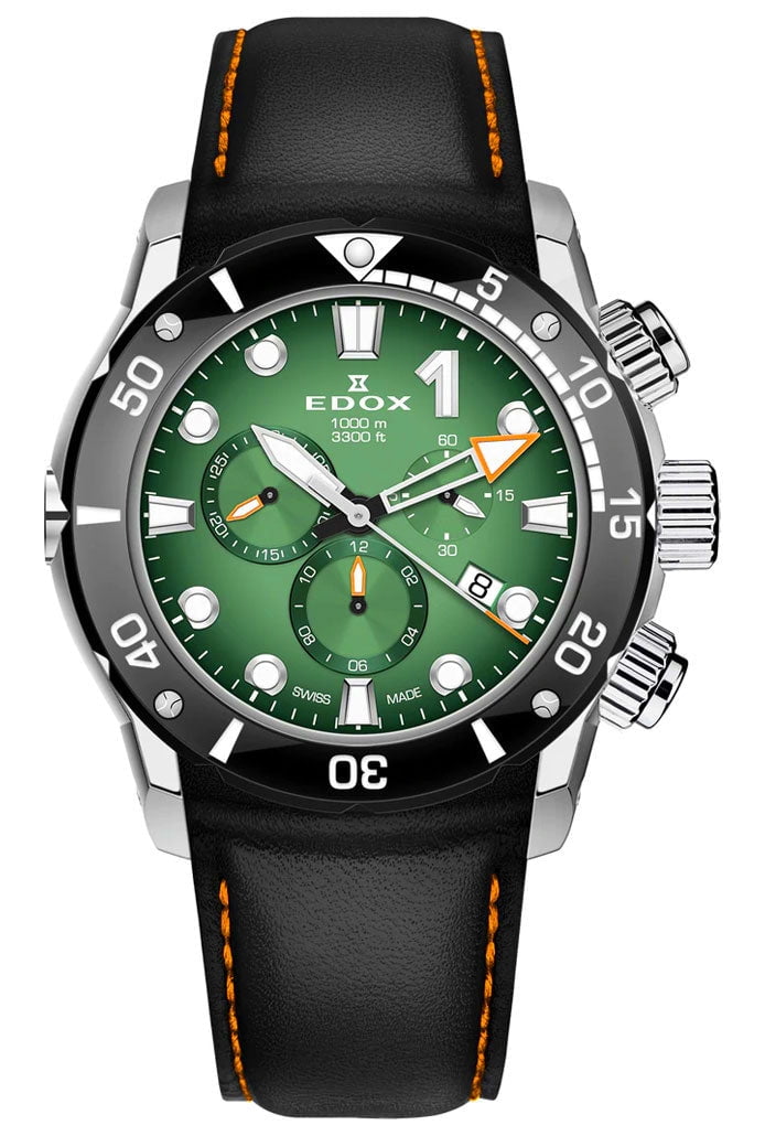 Edox CO-1 Chronograph Titanium Green Dial Black Leather Strap Date ...
