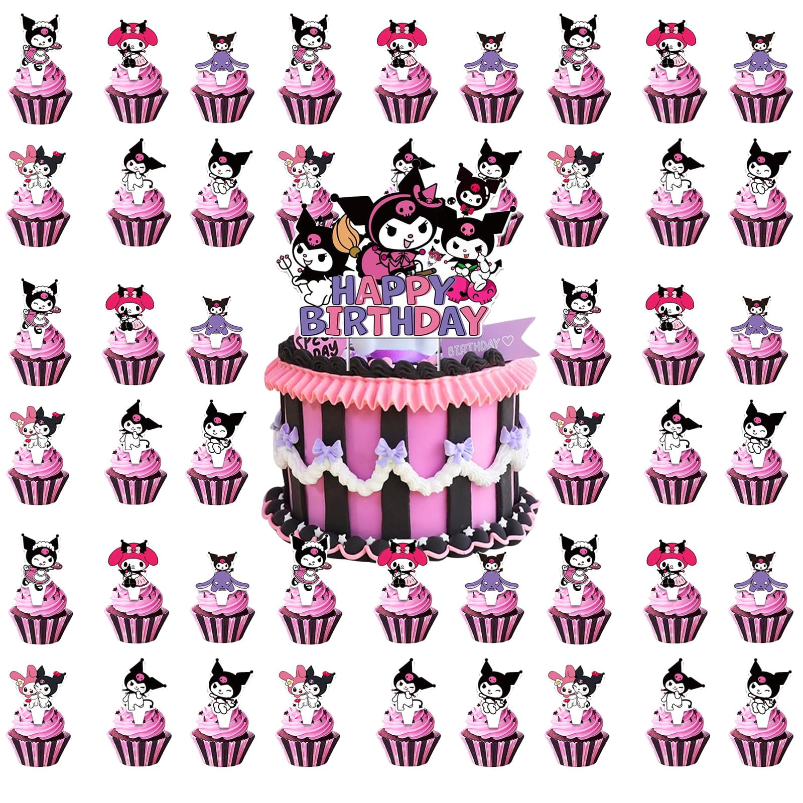 Educatgame 48 Kawaii Cupcake Toppers with BSL1 1 Happy Birthday Cake ...