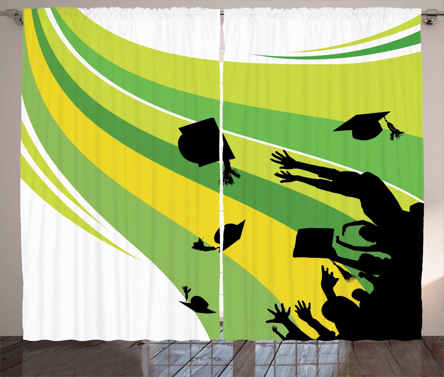 Education Curtains 2 Panels Set, Graduation Theme Silhouette of ...