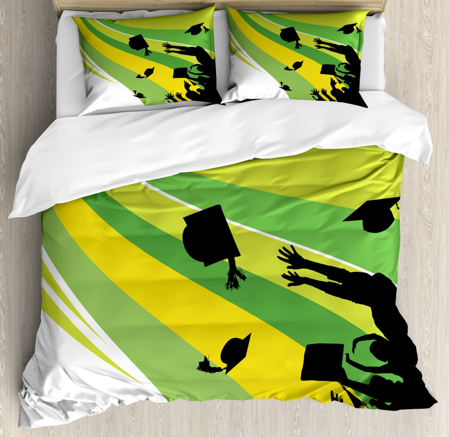 Education Queen Size Duvet Cover Set, Graduation Theme Silhouette of ...