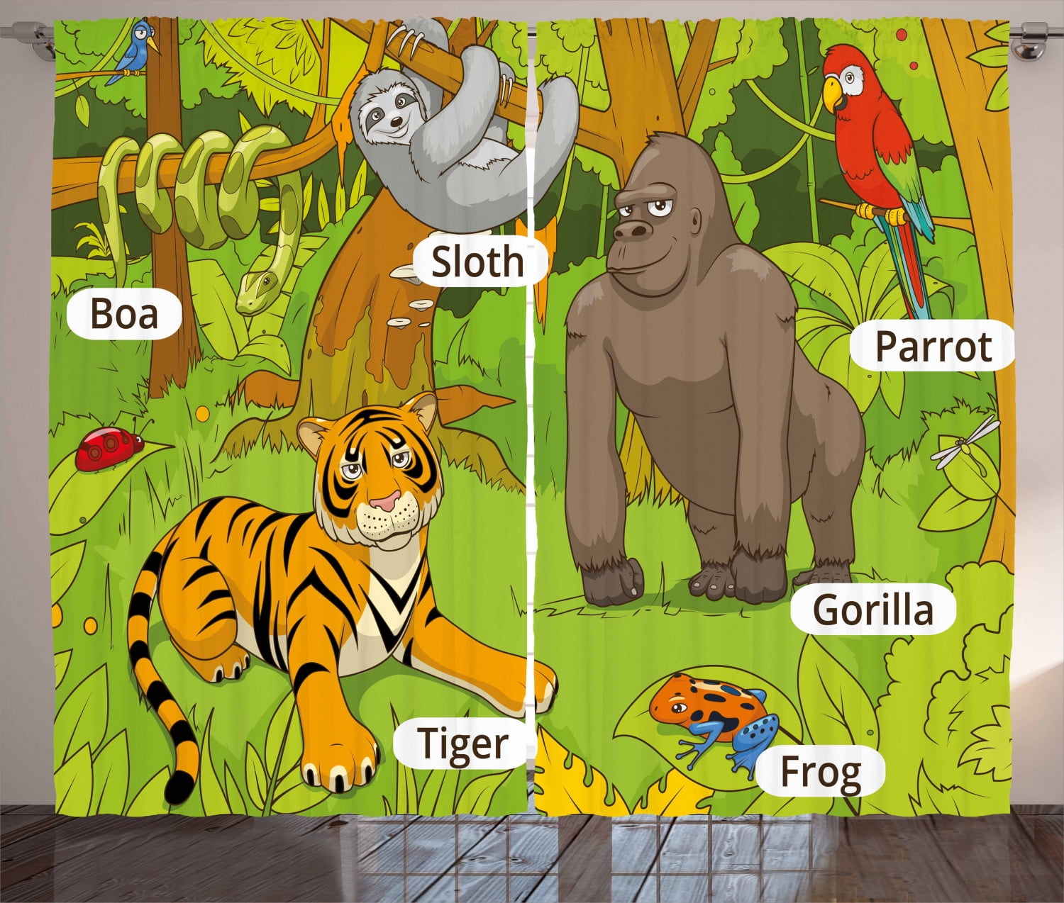 Ambesonne Science Curtains 2 Panel Set, Jungle Fauna Zoo, 108" x 84 ...